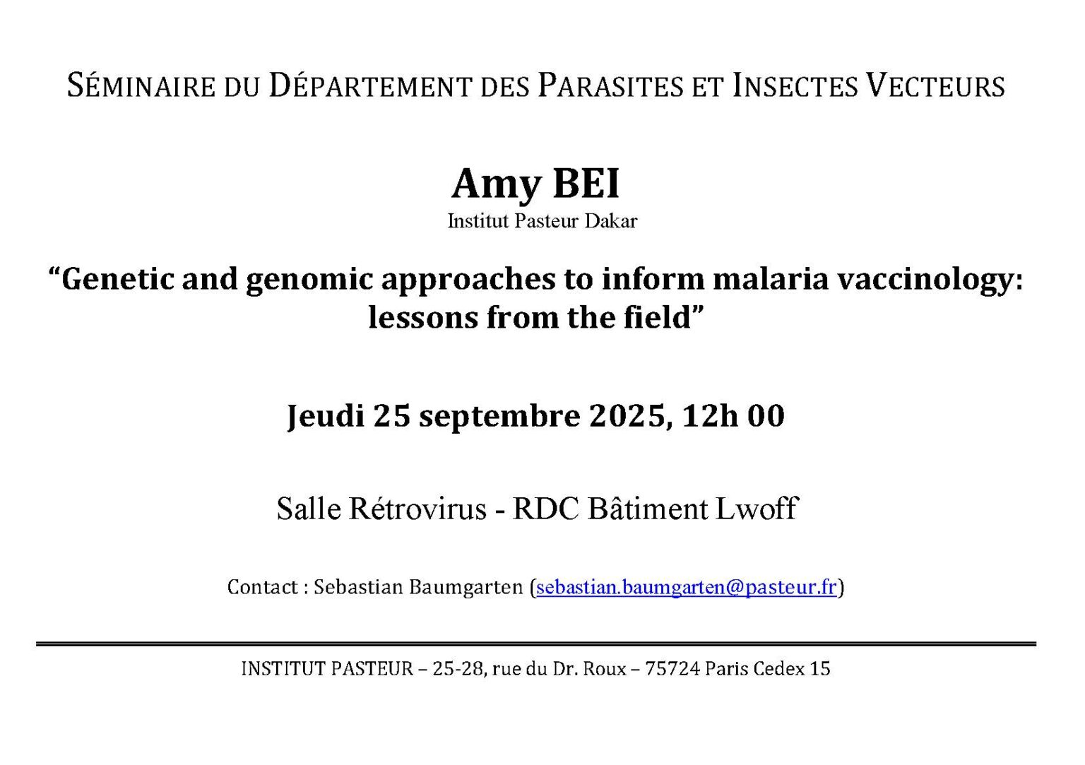 Department of Parasites and Insect Vectors Seminar : Amy BEI “Genetic ...
